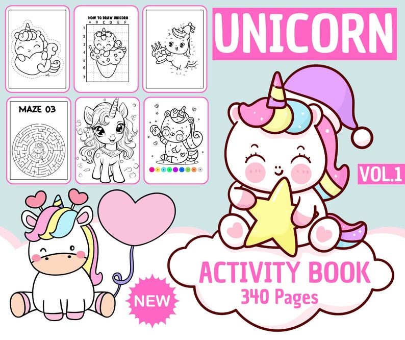 Unicorn Activity Book for Kids: 340 Printable Unicorn Coloring Pages ...