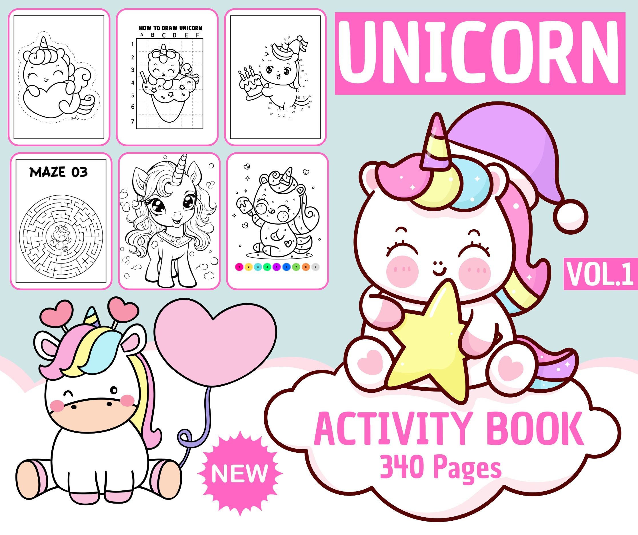 Unicorn Activity Book for Kids: 340 Printable Unicorn Coloring Pages ...