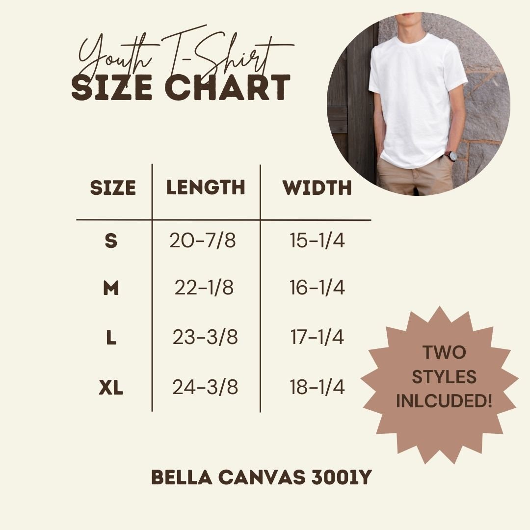 Bella Canvas 3001Y Size Charts, Bella Canvas Mock up Youth Size Chart, Size Chart Bella 3001Y ...