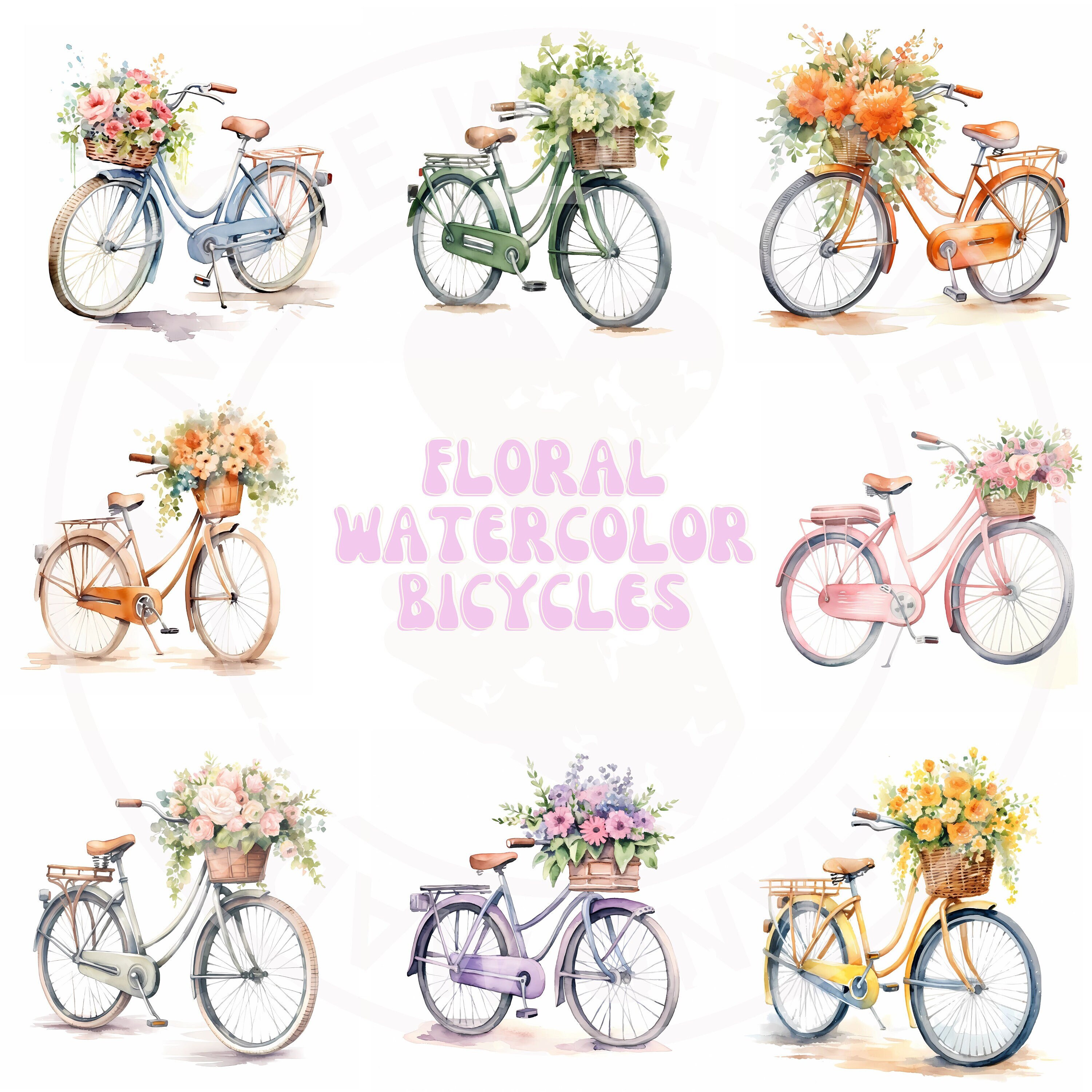 Watercolor Floral Bicycles, Digital Png Clip Art, Vintage Bikes ...