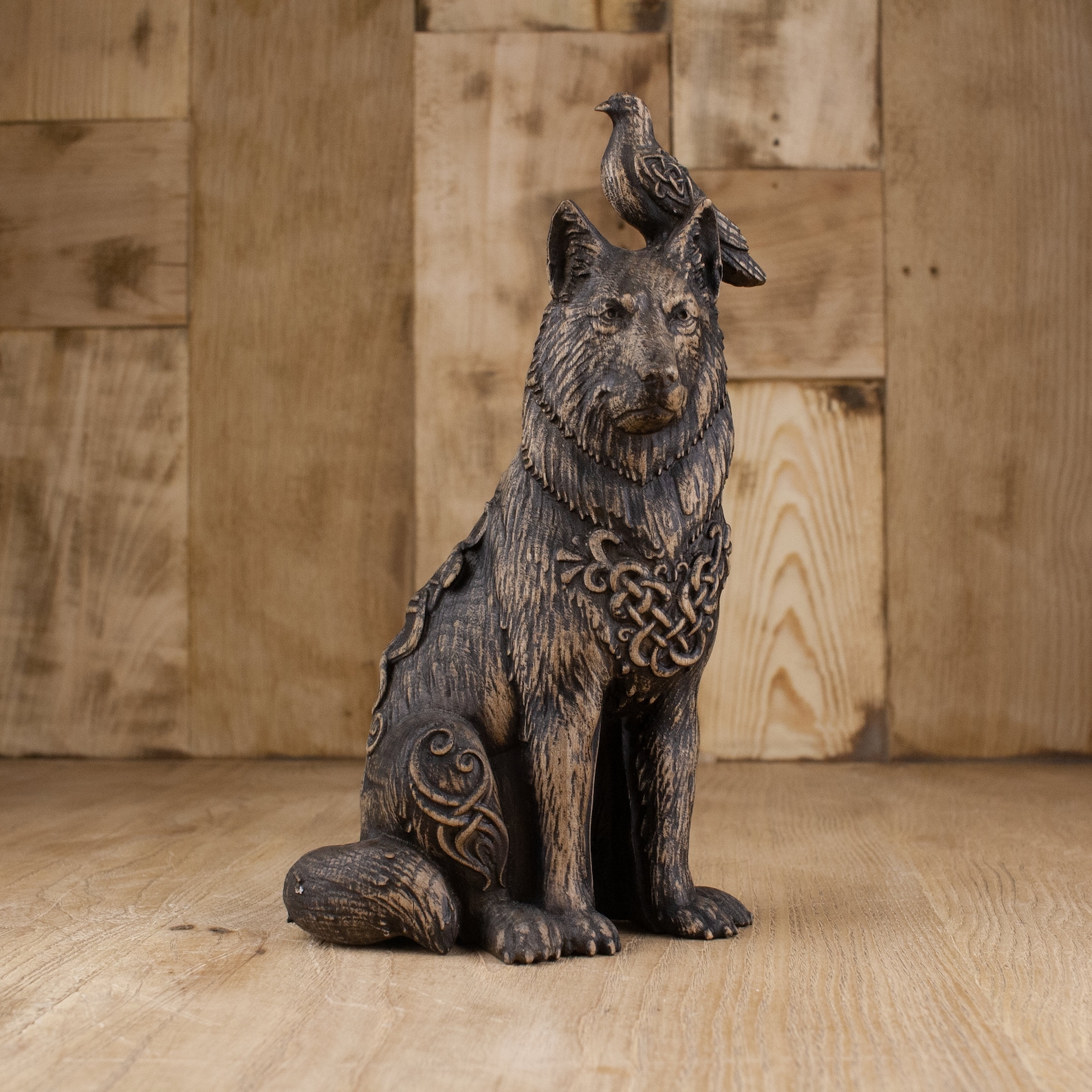 Celtic Wolf & Dove Statue: Norse Viking Decor, Ash Wood - Etsy