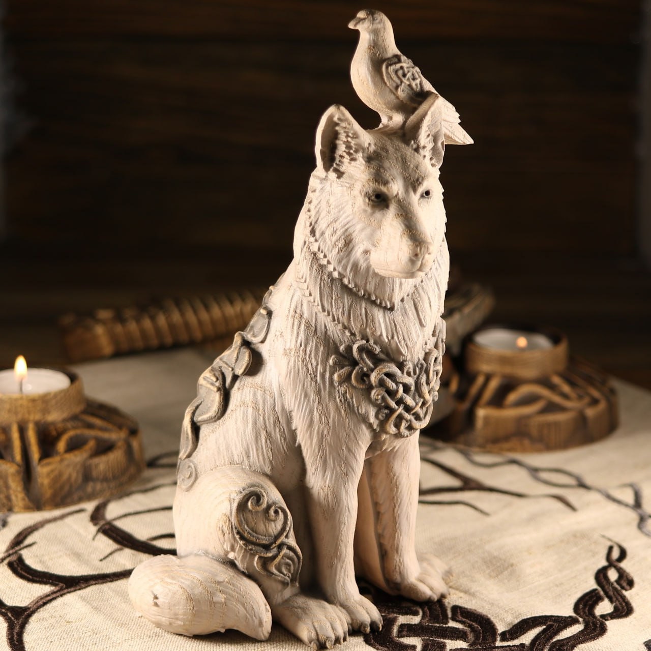 Wolf Statue With Dove: Norse Mythology Decor - Etsy