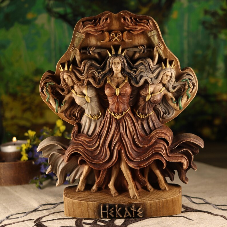 Triple Hecate Statue: Wooden Altar Statue, Greek Goddess Art - Etsy