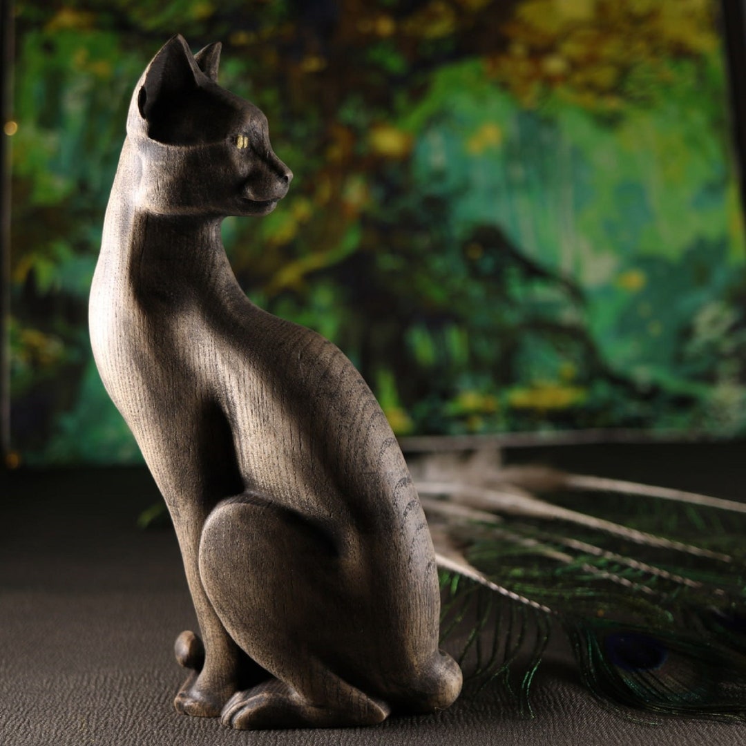 Black Cat Statue: Wooden Bastet Sculpture, Gothic Decor - Etsy