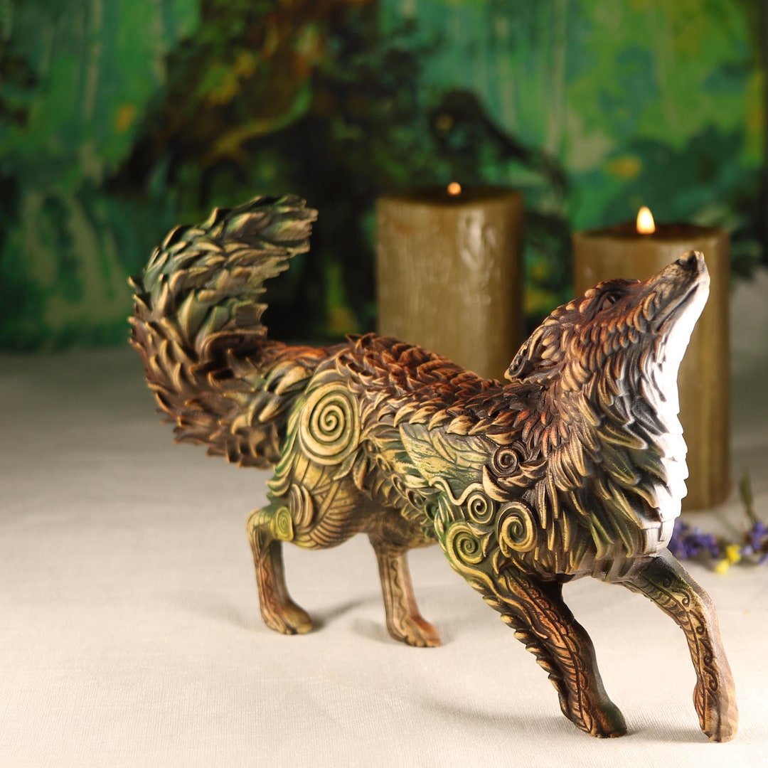 Fox Figurine Statue Wood Carving Sculpture : Folk Art Forest Animal ...