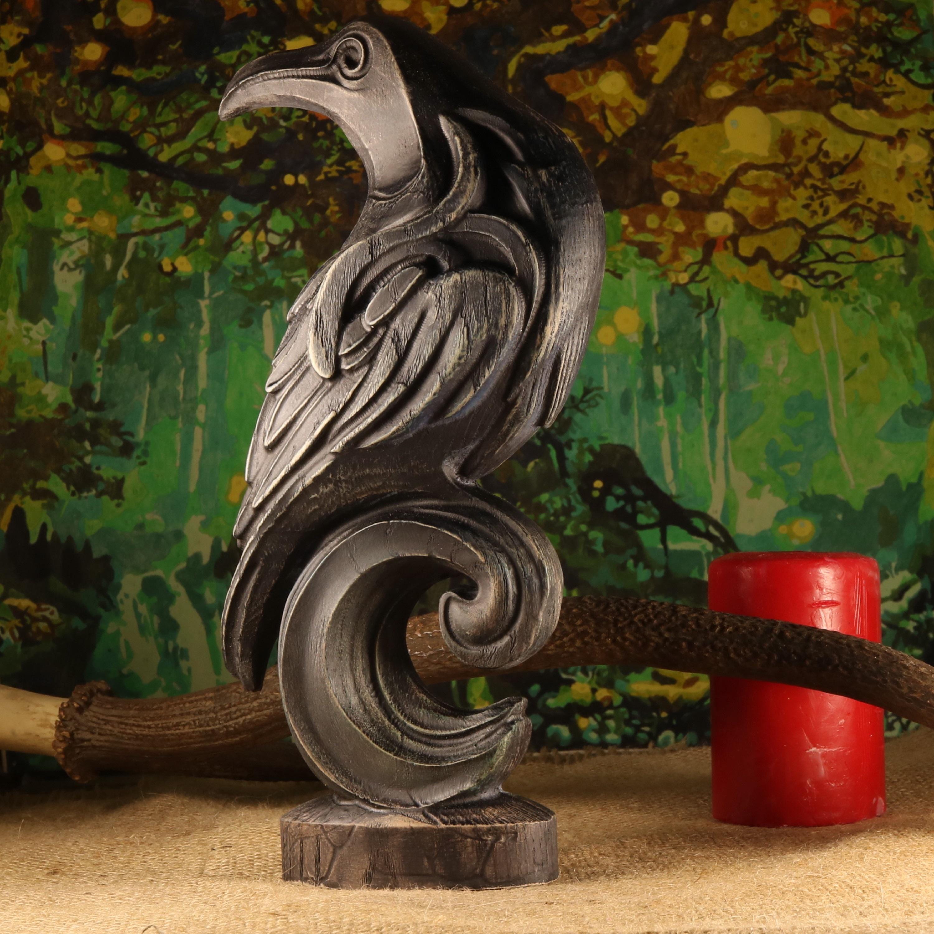 Wooden Raven Statue, Norse Pagan Decor Celtic Sculpture Woodcarving ...