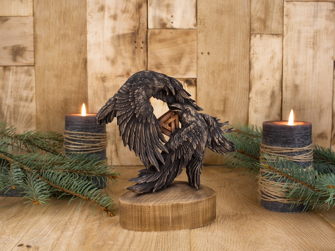 Huginn and Muninn, Hugin Munin Raven Statue Wooden Raven Raven ...