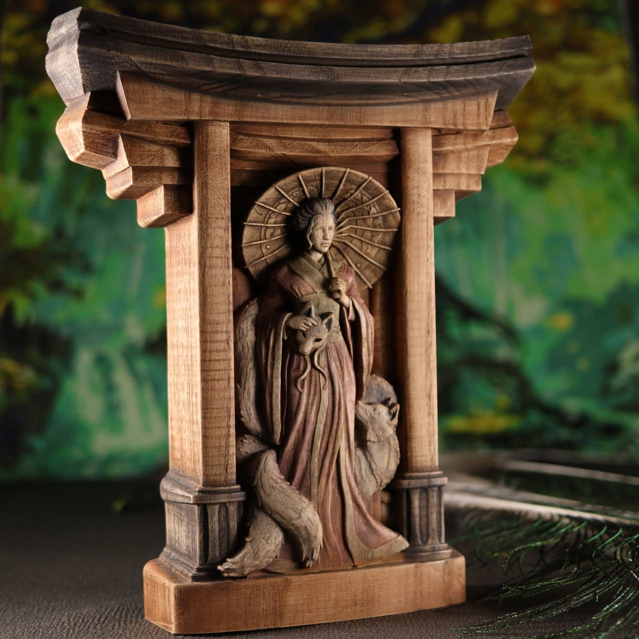 Inari Okami Sculpture: Japanese Goddess With Eight-tailed Fox, Wooden ...