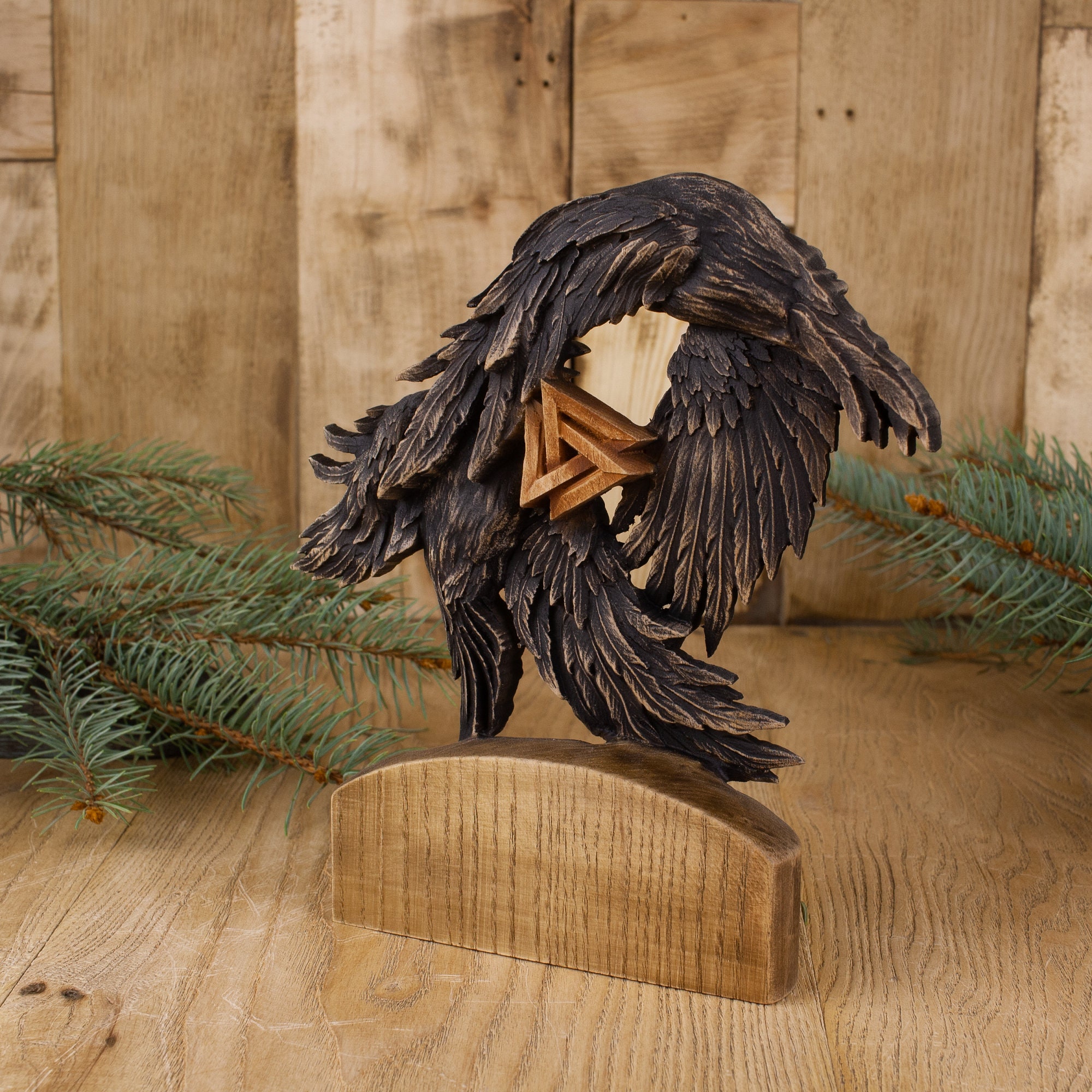 Huginn and Muninn Raven Statue: Wooden Viking God Sculpture Pagan Bird ...