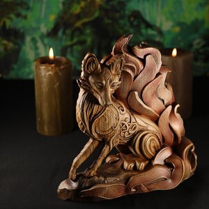 Kitsune Fox Statue Pagan Altar Fox: Japanese Mythology Art Wood Carved ...
