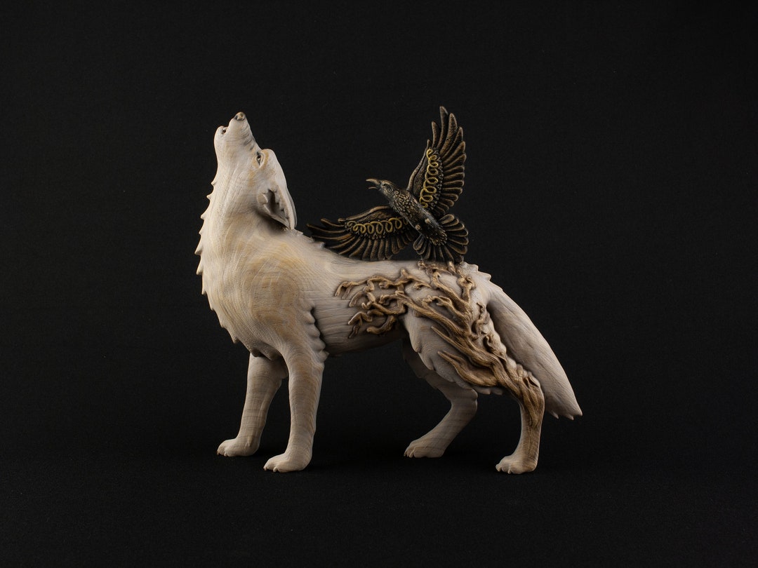 Wolf and Raven, Raven Statue, Wolf Statue White Wolf Howling Wolf ...
