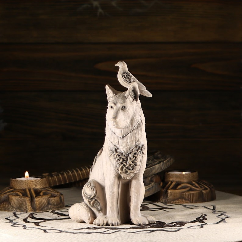 Wolf Statue With Dove: Norse Mythology Decor - Etsy