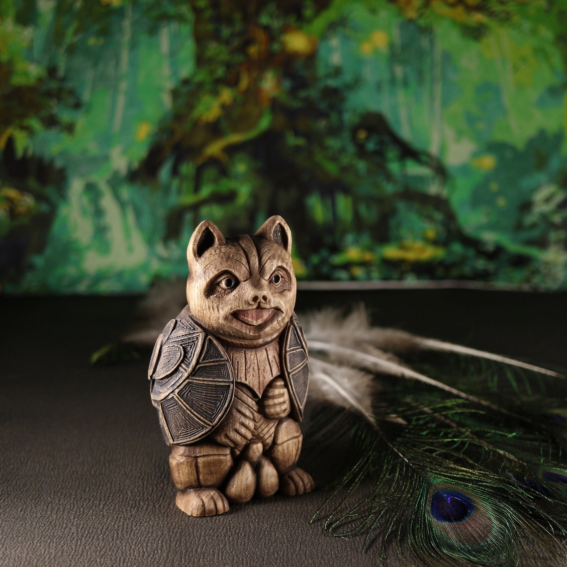 Wood Carved Tanuki Statue: Japanese Forest Spirit Decor - Etsy