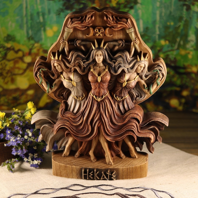 Triple Hecate Statue: Wooden Altar Statue, Greek Goddess Art - Etsy