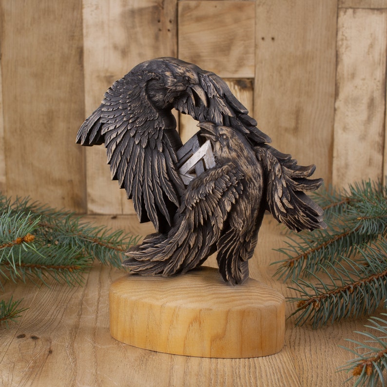 Huginn and Muninn Raven Statue: Wooden Norse Mythology Decor - Etsy