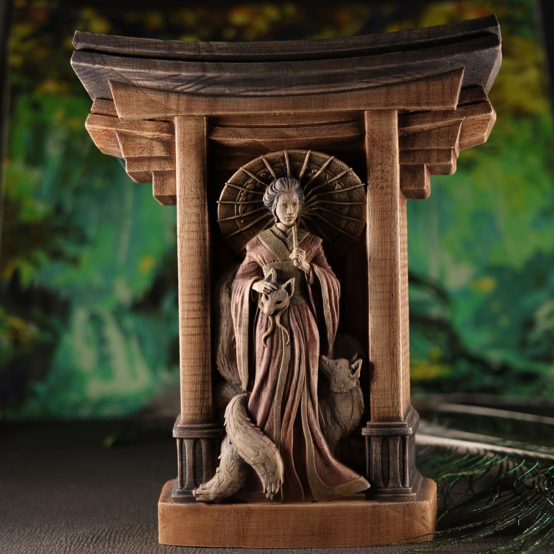 Inari Okami Sculpture: Japanese Goddess With Eight-tailed Fox, Wooden ...