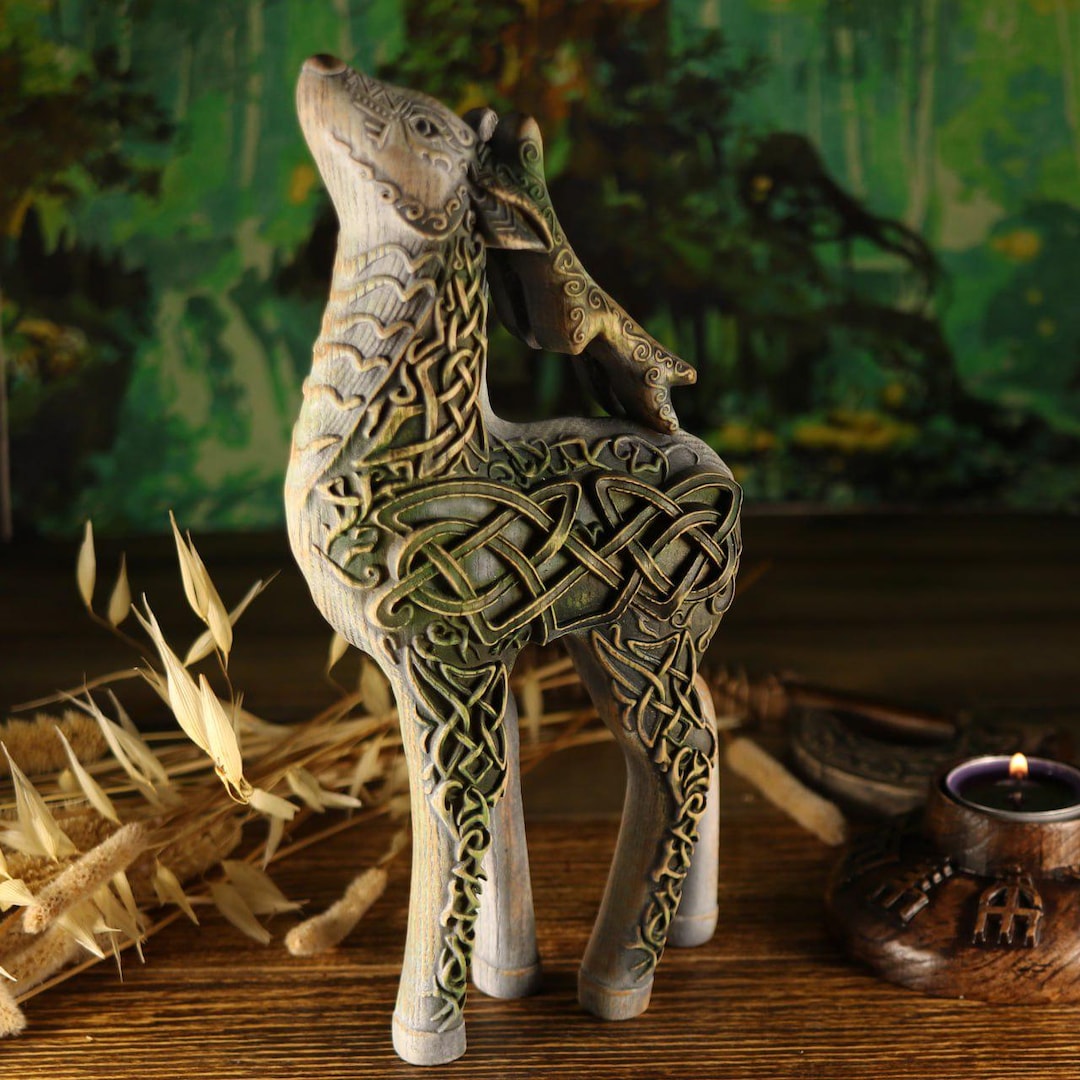 Deer Figurine Deer Statue Wooden Deer Wood Carved Deer Celtic Deer ...