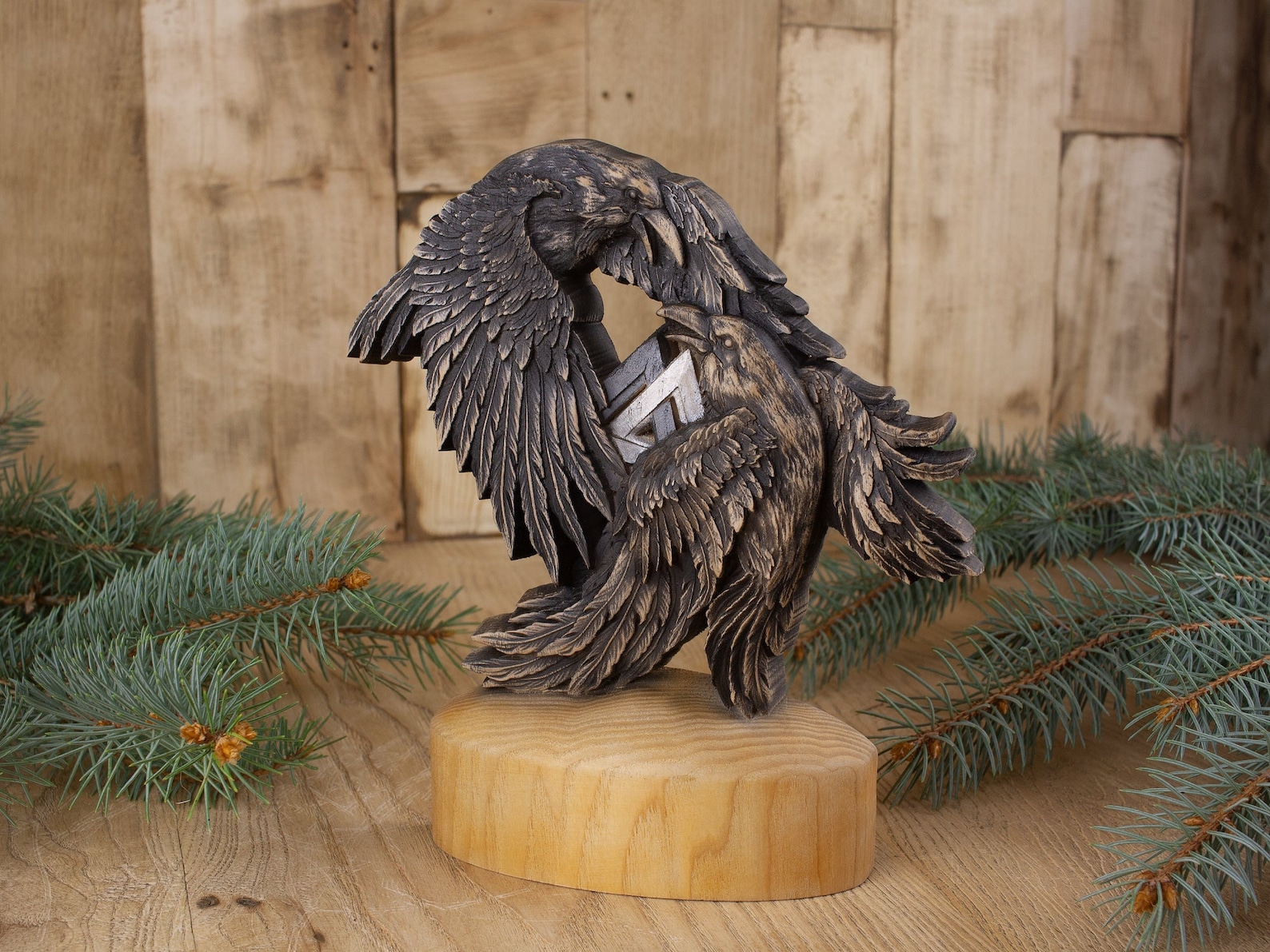 Huginn and Muninn Raven Statue: Wooden Norse Mythology Decor - Etsy