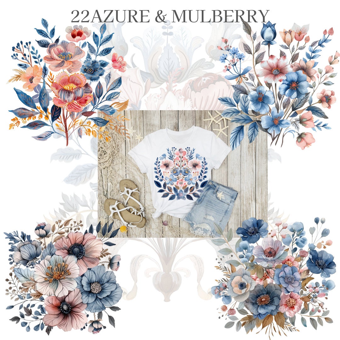 Folk Floral Clipart, Watercolor Floral Bouquet, Vintage Flower, Blue ...