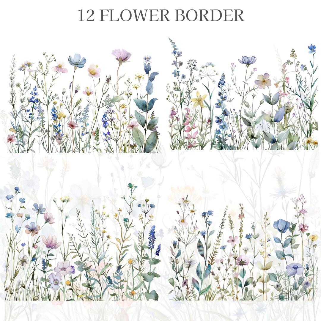 12 Blue Flower Border, Floral Clipart, Flower Border, Wildflower Clip ...