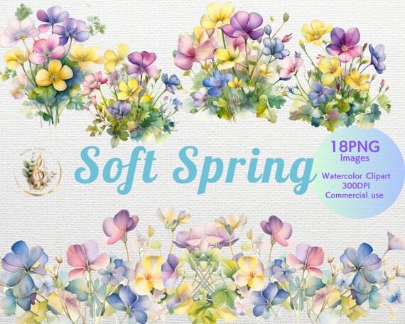 Spring Flower Border , Colorful Watercolor Clipart,18 High Quality Pngs ...