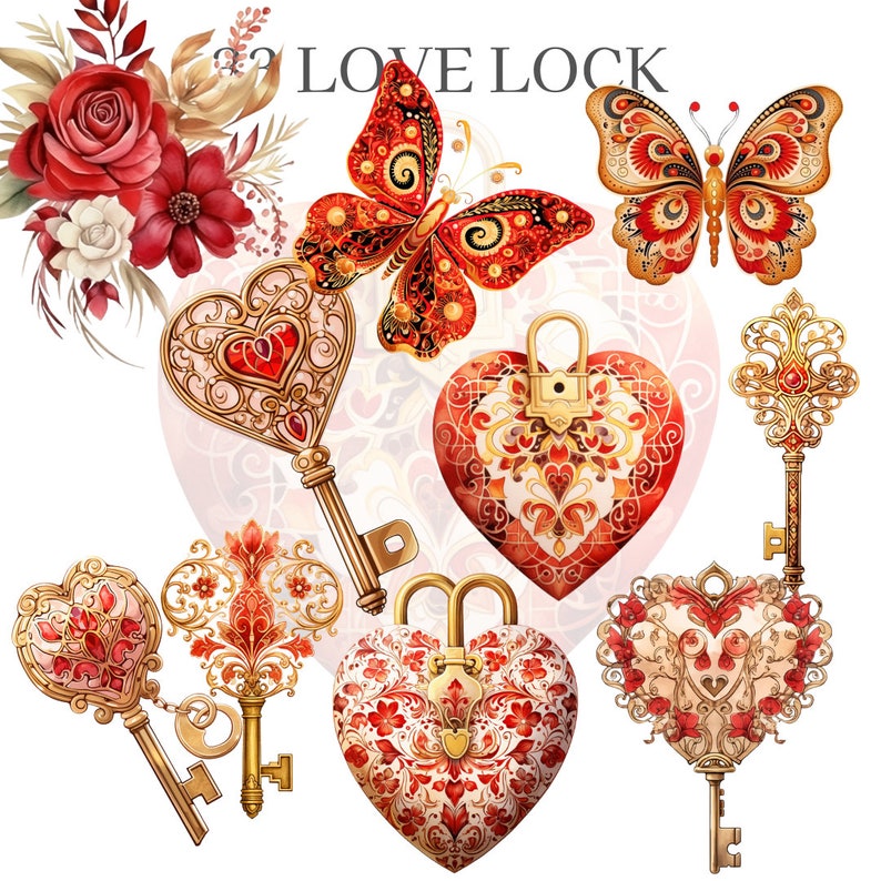 Valentine Heart Lock Clipart, Watercolor Valentine's Day Heart-shaped ...