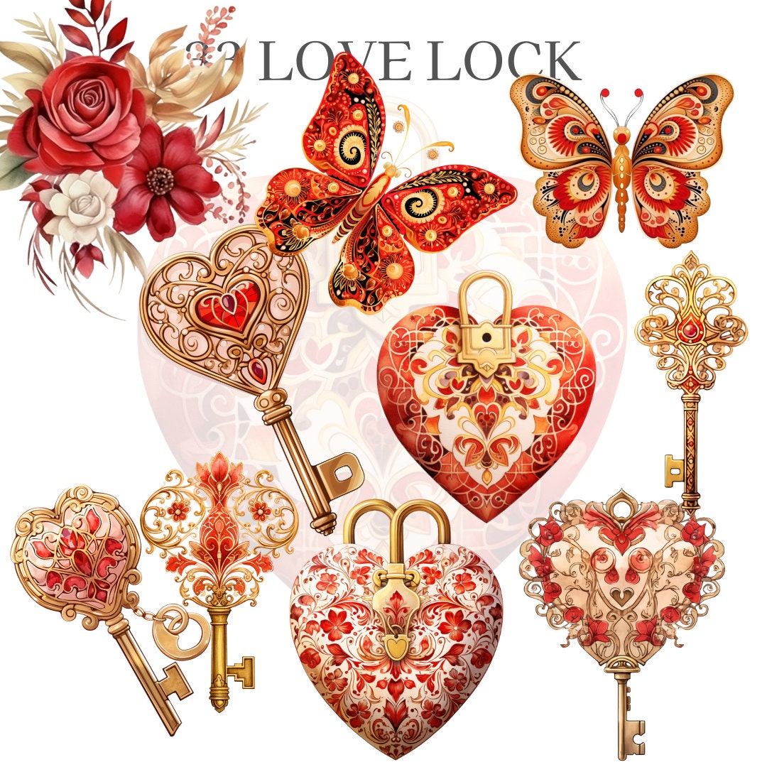 Valentine Heart Lock Clipart, Watercolor Valentine's Day Heart-shaped ...