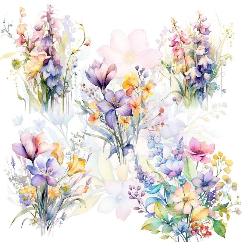 Watercolor Flower Clipart, Pastel Bouquet Clipart, Floral Clipart ...