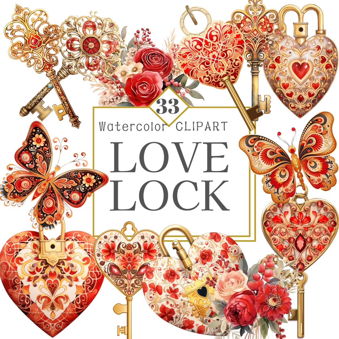Valentine Heart Lock Clipart, Watercolor Valentine's Day Heart-shaped ...