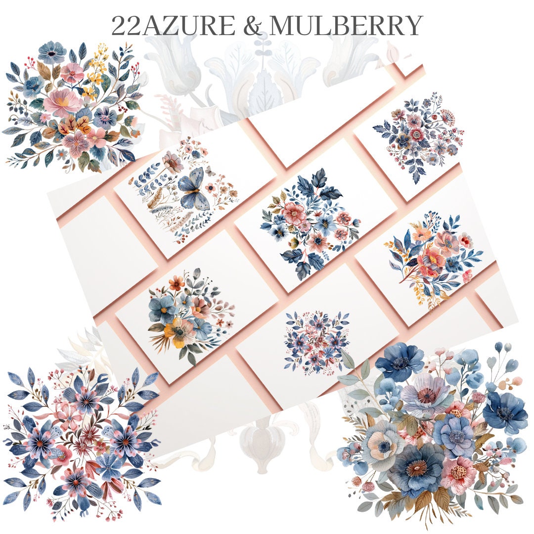 Folk Floral Clipart, Watercolor Floral Bouquet, Vintage Flower, Blue ...