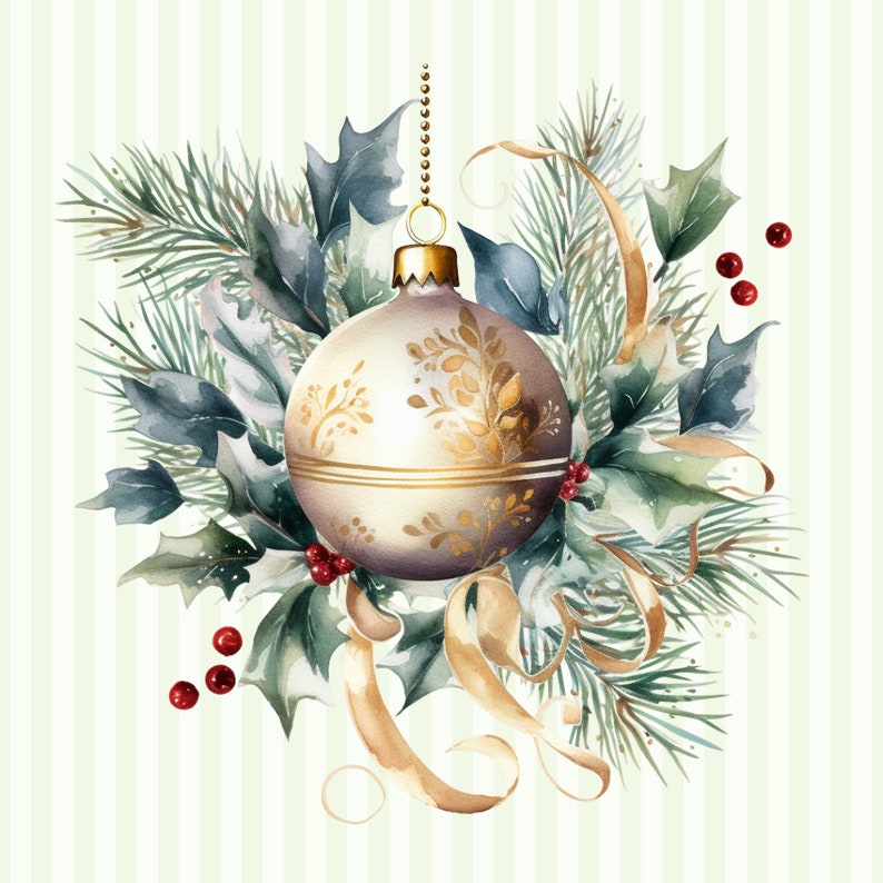 Watercolor Christmas Baubles Clipart PNG Bundle , Festive Holly Hanging ...