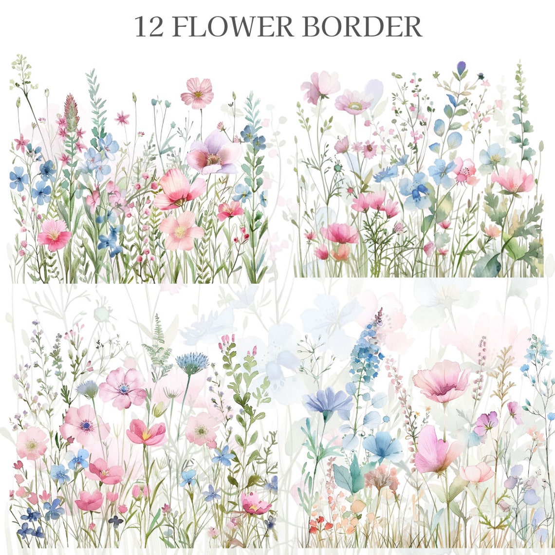 12 Pastel Flower Border, Floral Clipart, Flower Border, Wildflower Clip ...