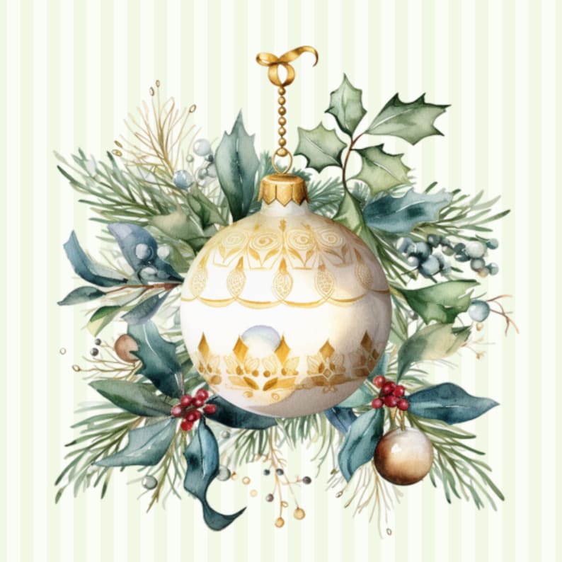Watercolor Christmas Baubles Clipart PNG Bundle , Festive Holly Hanging ...