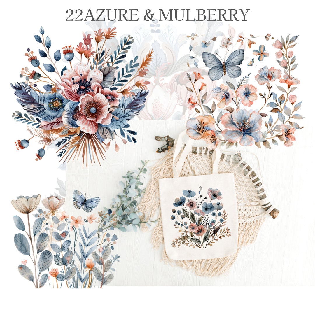 Folk Floral Clipart, Watercolor Floral Bouquet, Vintage Flower, Blue ...