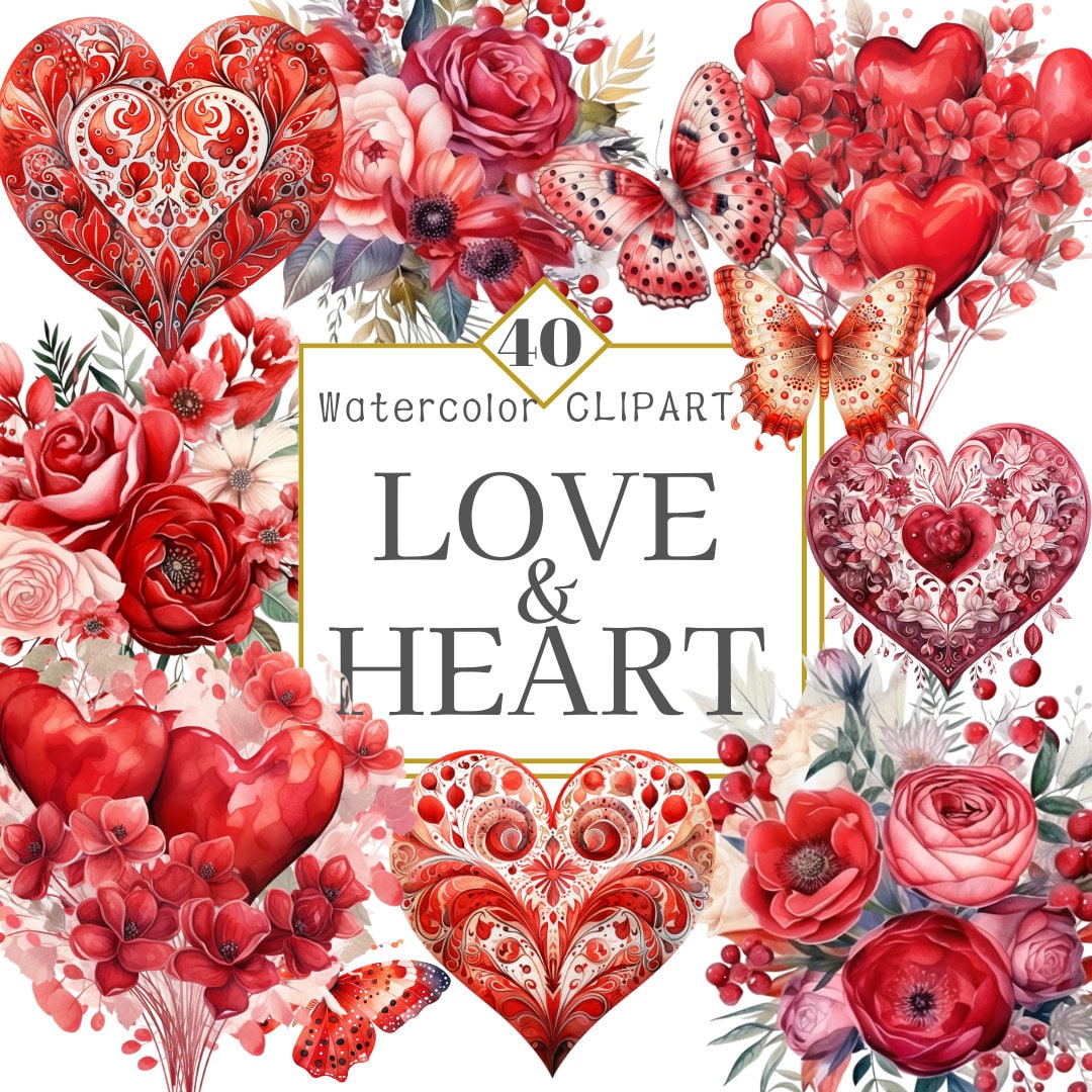 Floral Hearts Clipart, Flower Heart Valentine Illustrations Digital ...