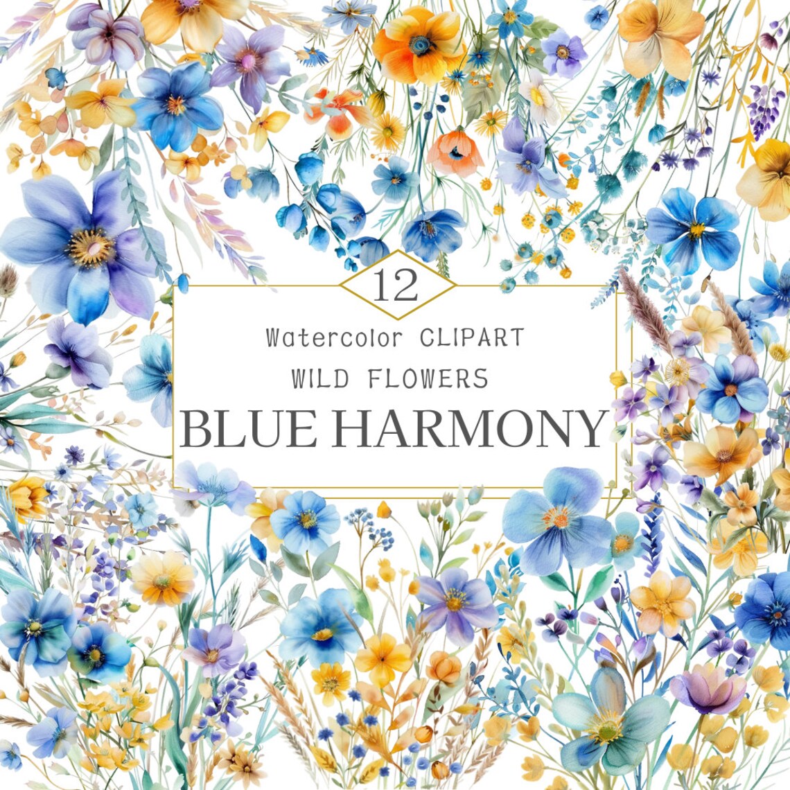 12 Blue Flower Border, Floral Clipart, Blue Harmony, Wildflower Clip ...