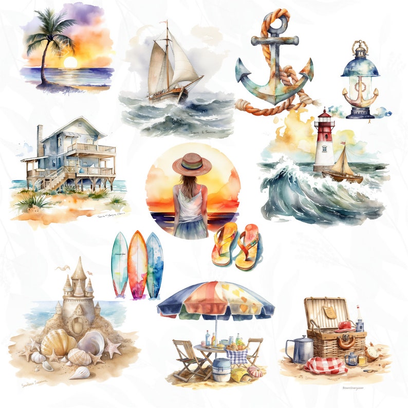 Summer Memory Set, Beach Picnic, Ocean, Surfing, Wave,nautical,png ...