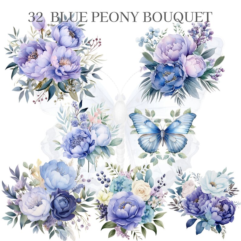 Blue Peony Clipart, Watercolor Peonia, Peonies Clipart, Flower Clipart ...