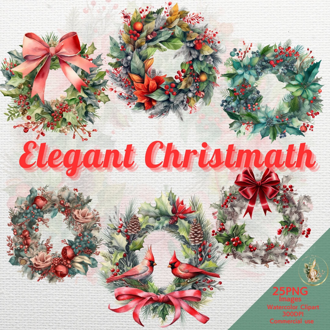 Christmas Wreath, Watercolor Clipart, Red and Green, 300 DPI, 25 Png ...