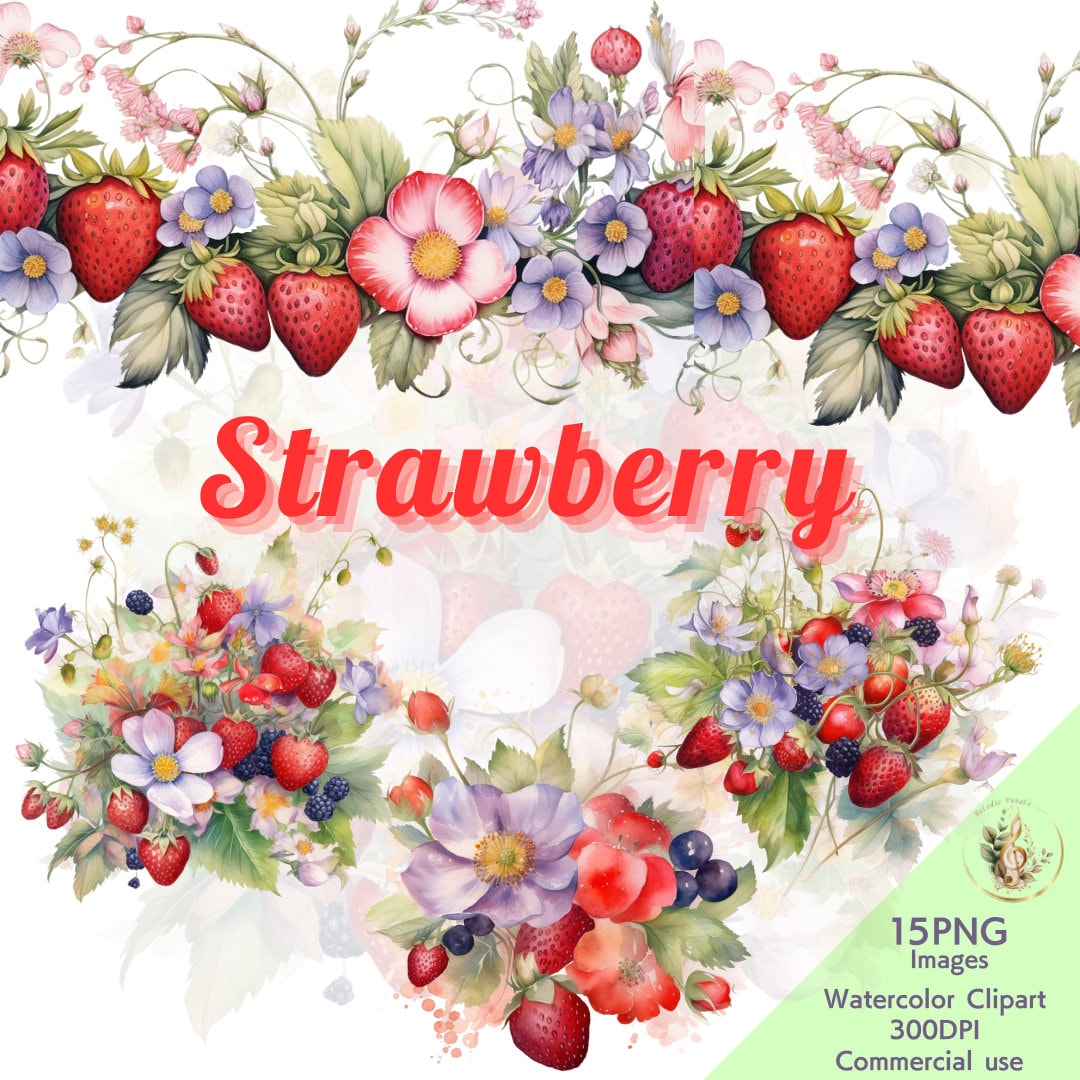 Strawberry Watercolor Clipart, Bouquet, Border, Strawberry Field, Red ...