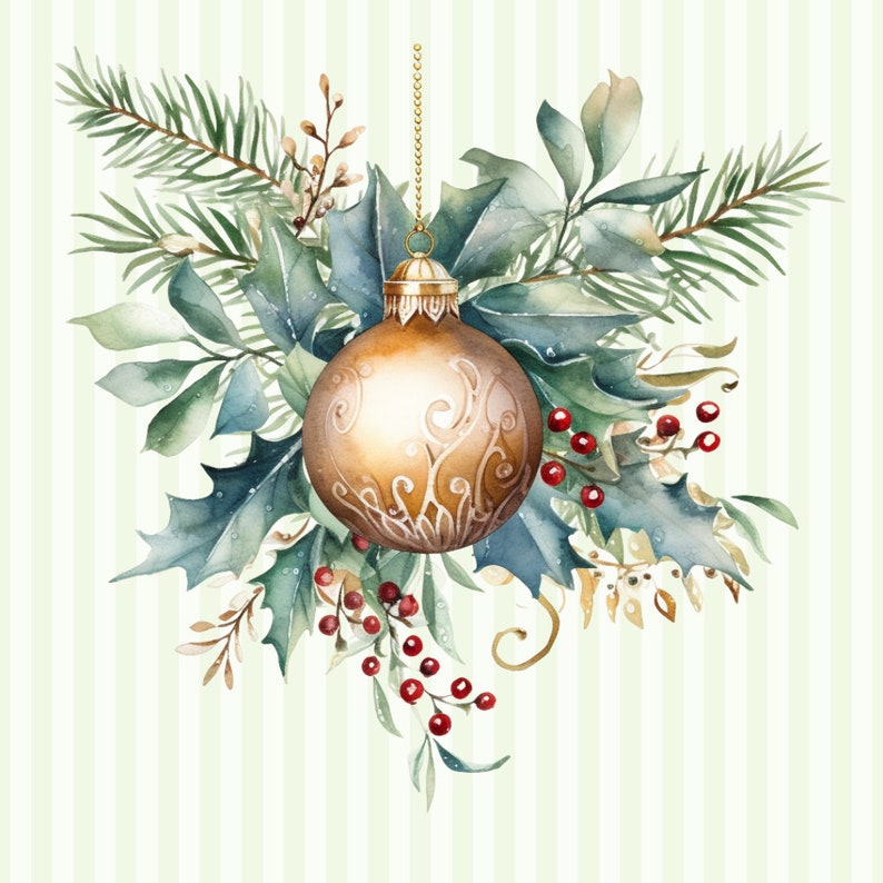 Watercolor Christmas Baubles Clipart PNG Bundle , Festive Holly Hanging ...