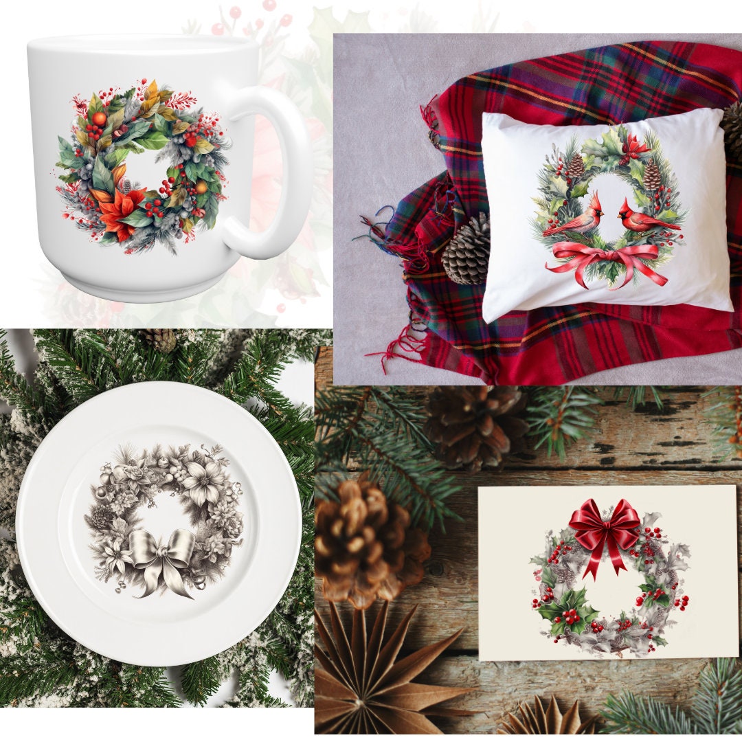 Christmas Wreath, Watercolor Clipart, Red and Green, 300 DPI, 25 Png ...