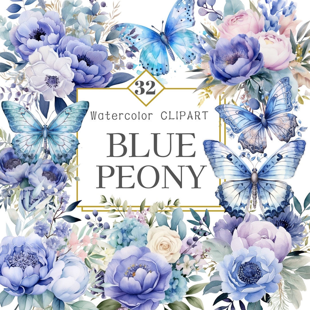 Blue Peony Clipart, Watercolor Peonia, Peonies Clipart, Flower Clipart ...