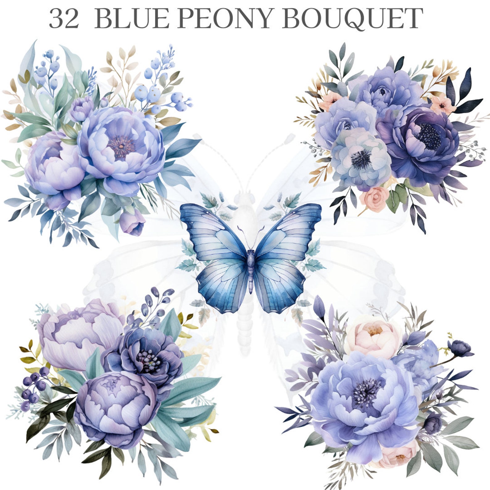 Blue Peony Clipart, Watercolor Peonia, Peonies Clipart, Flower Clipart ...