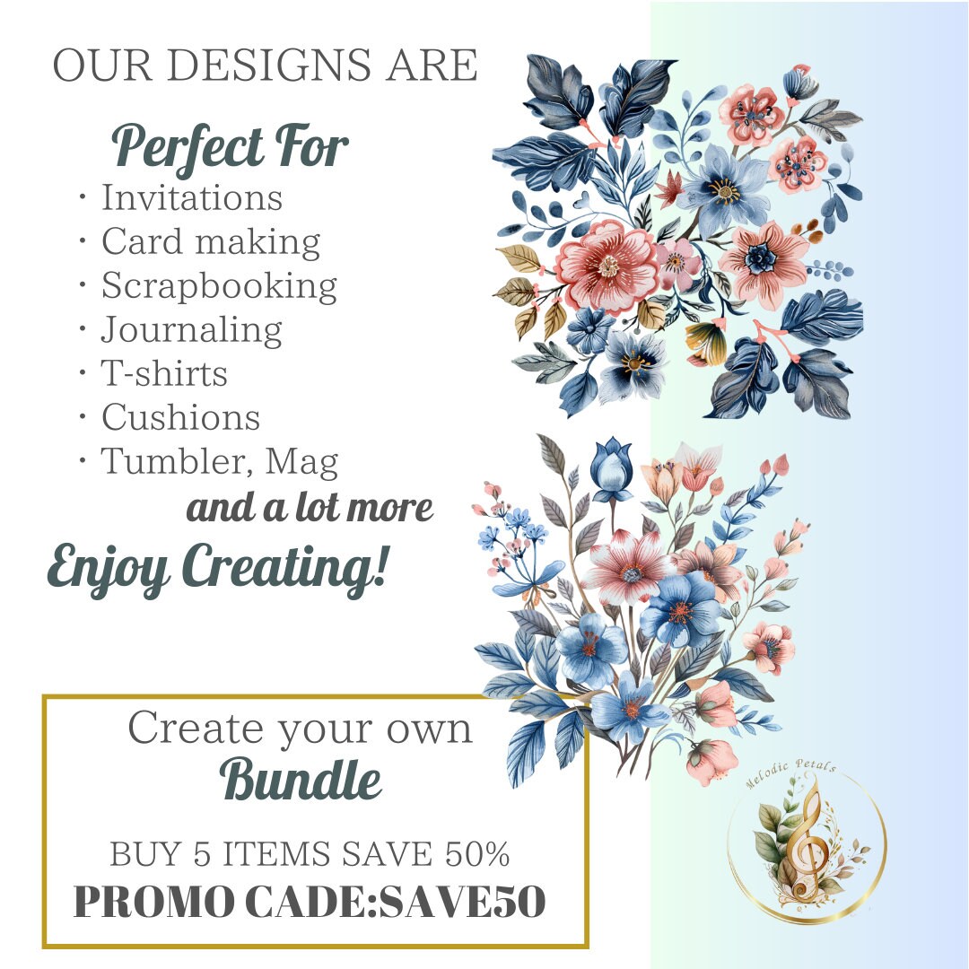 Folk Floral Clipart, Watercolor Floral Bouquet, Vintage Flower, Blue ...