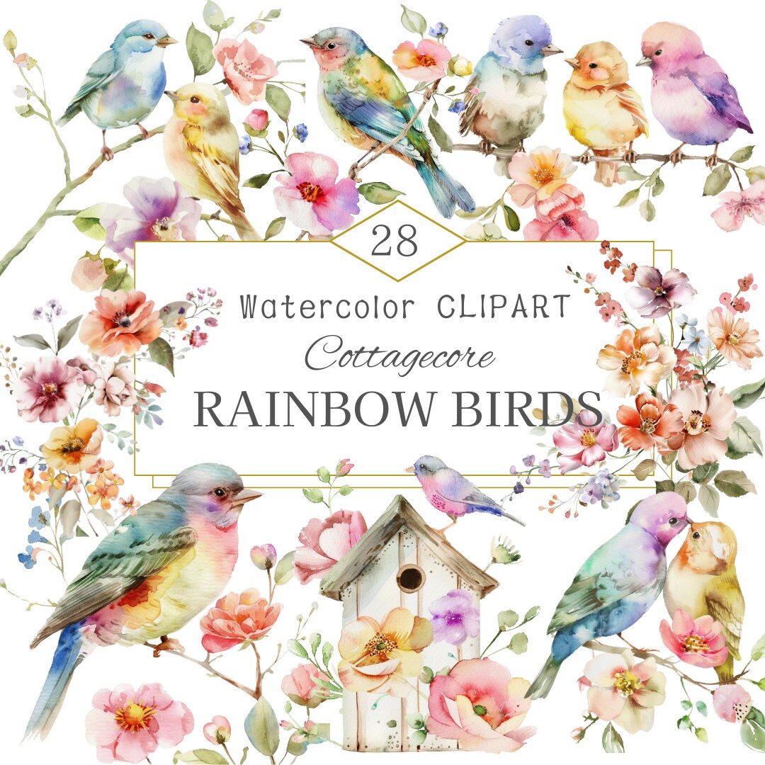 Rainbow Color, Birds Clipart, Bouquet, Floral Clipart, Bright Pastel ...