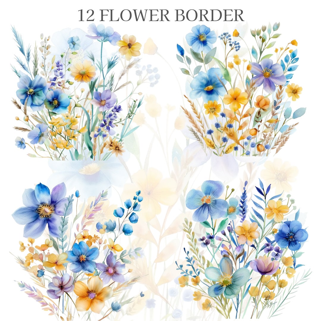 12 Blue Flower Border, Floral Clipart, Blue Harmony, Wildflower Clip ...