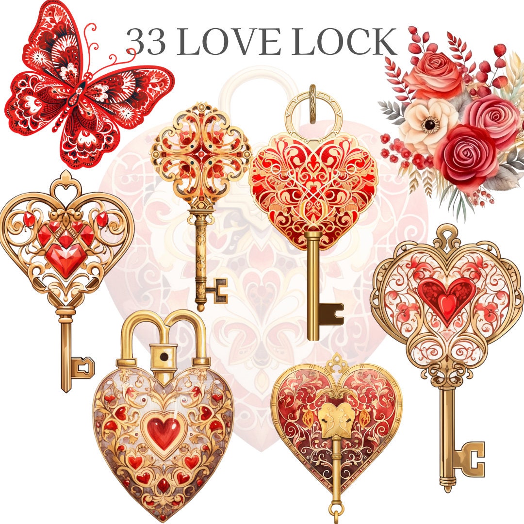 Valentine Heart Lock Clipart, Watercolor Valentine's Day Heart-shaped ...