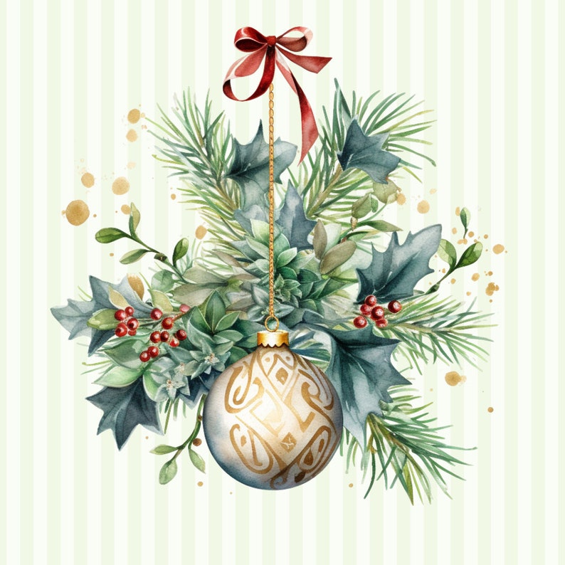 Watercolor Christmas Baubles Clipart PNG Bundle , Festive Holly Hanging ...
