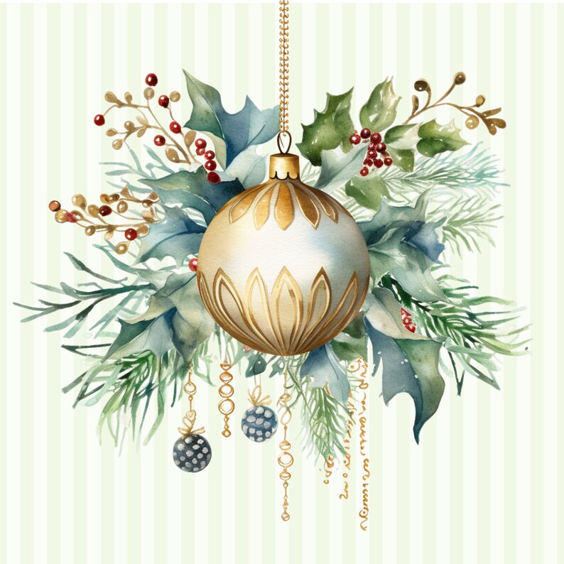Watercolor Christmas Baubles Clipart PNG Bundle , Festive Holly Hanging ...